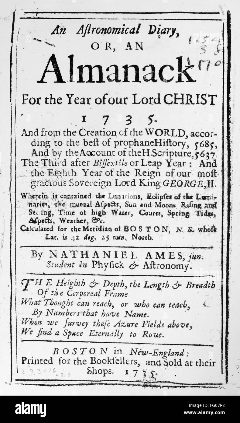 ALMANAC, 1735. /nTitle page of an almanac by Nathaniel Ames, printed in ...