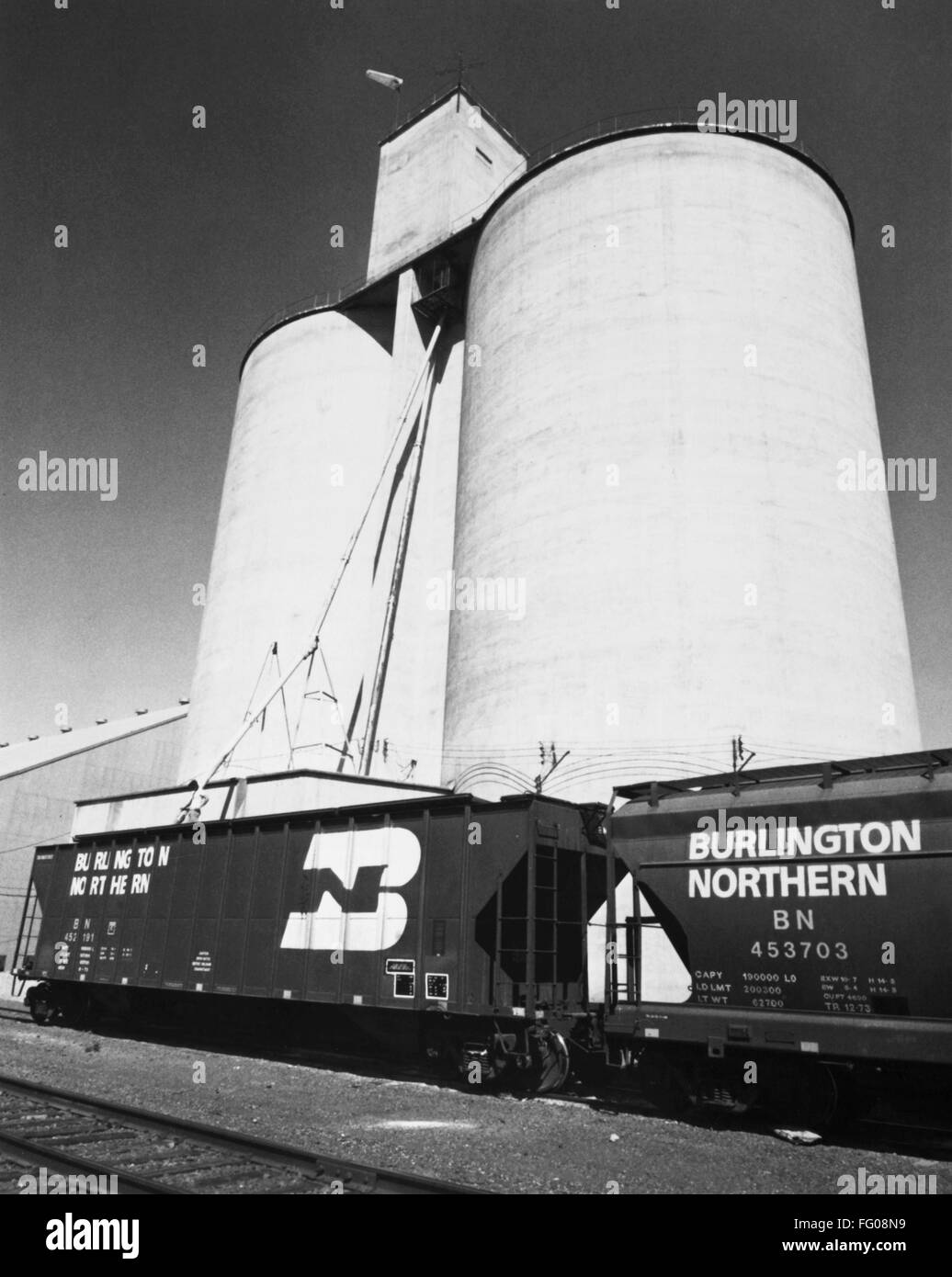 AGRICULTURE: GRAIN LOADING. /nA Burlington Northern Railroad train ...