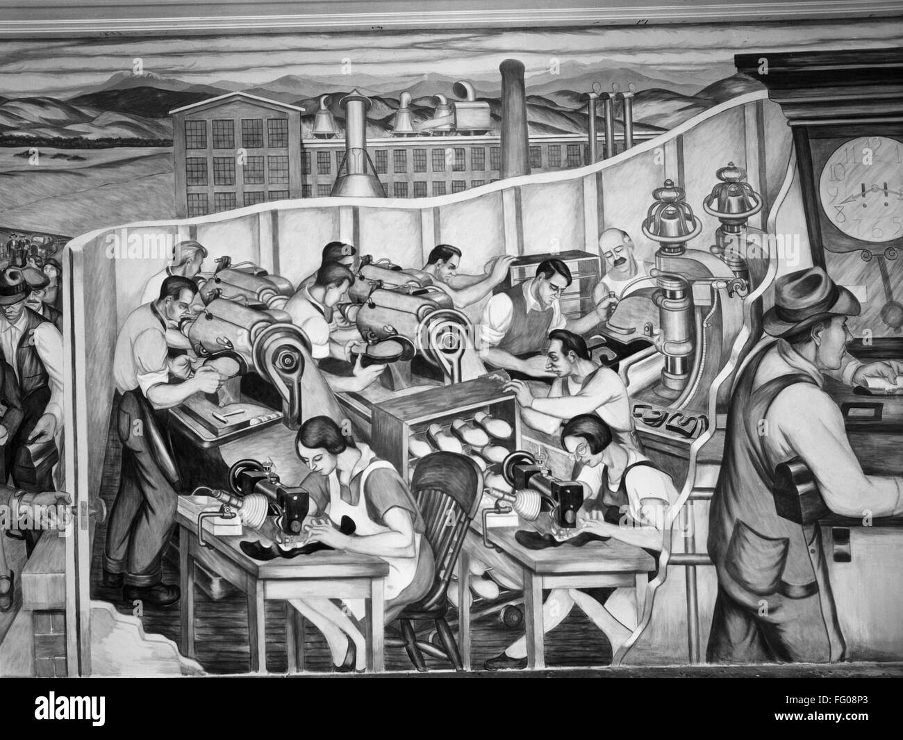ESNER: INDUSTRY MURAL. /nWorkers manufacturing shoes in a New Hampshire ...