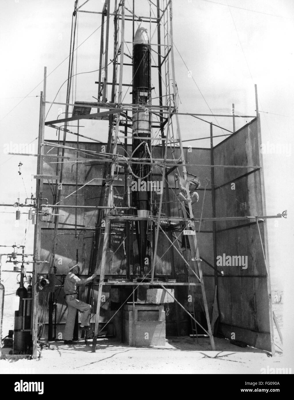 GODDARD: ROCKET, 1940. /nRobert Goddard's rocket in the launching tower ...