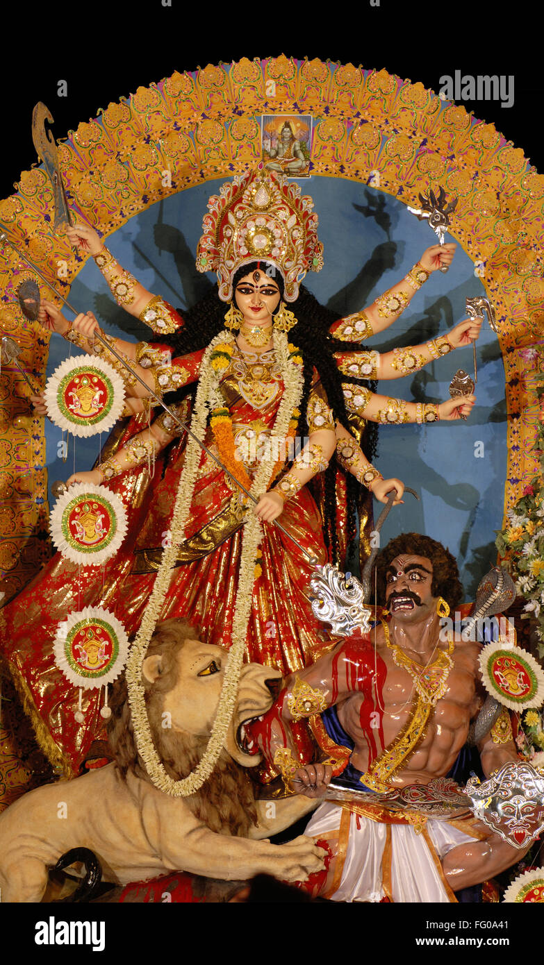 Idol of Goddess Durga killing demon , Durga Puja festival , Bombay ...