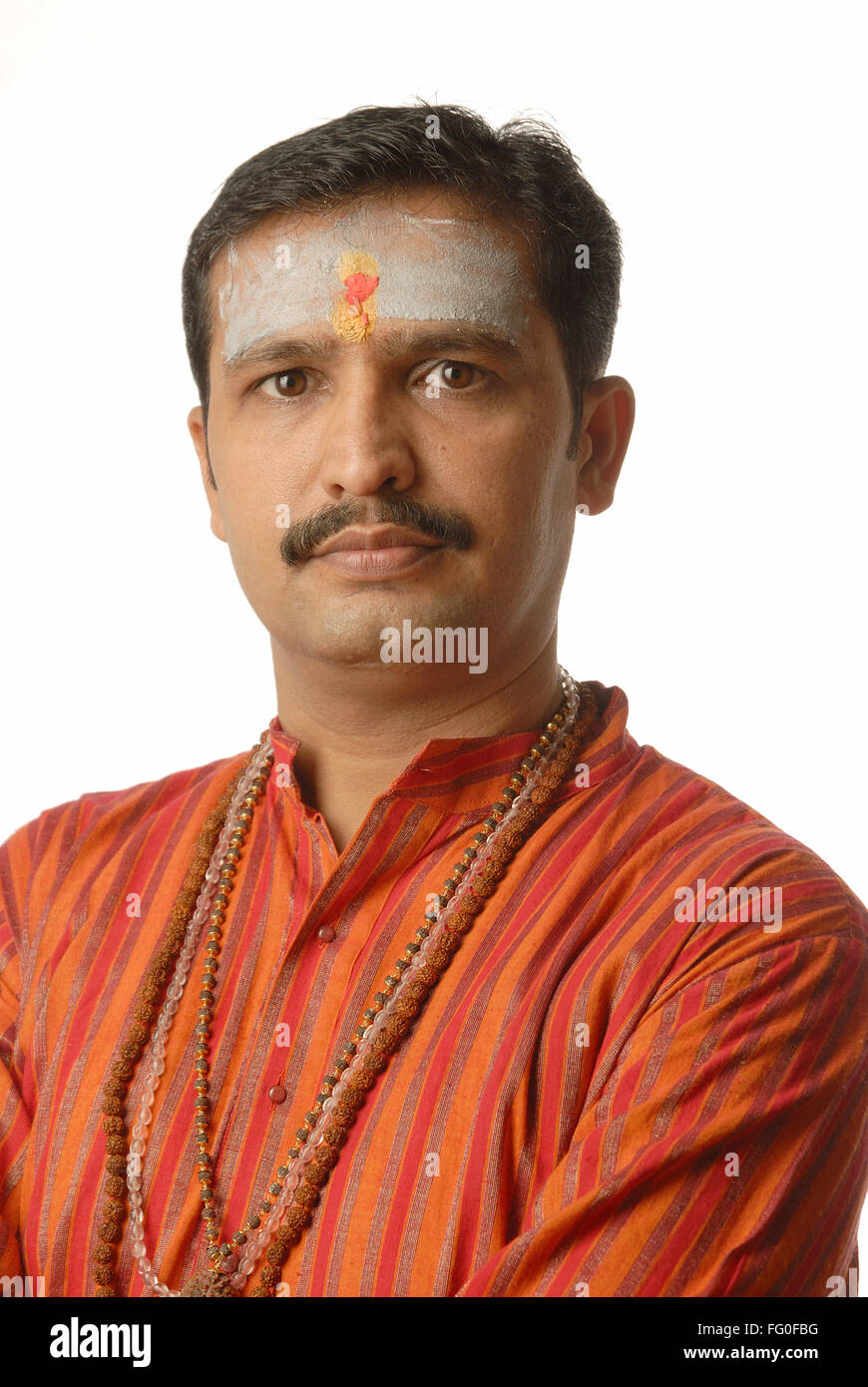 Indian man Hindu priest with beads mala garland and ash forehead, india ...