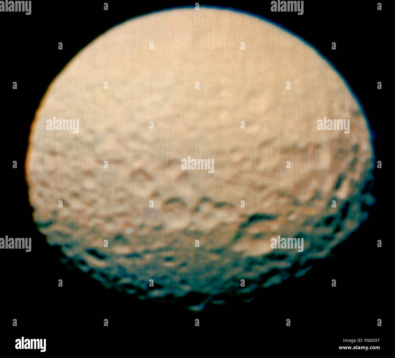 SATURN: MOON, 1980. /nThe cratered surface of Mimas, a moon of Saturn. Photographed by the ...