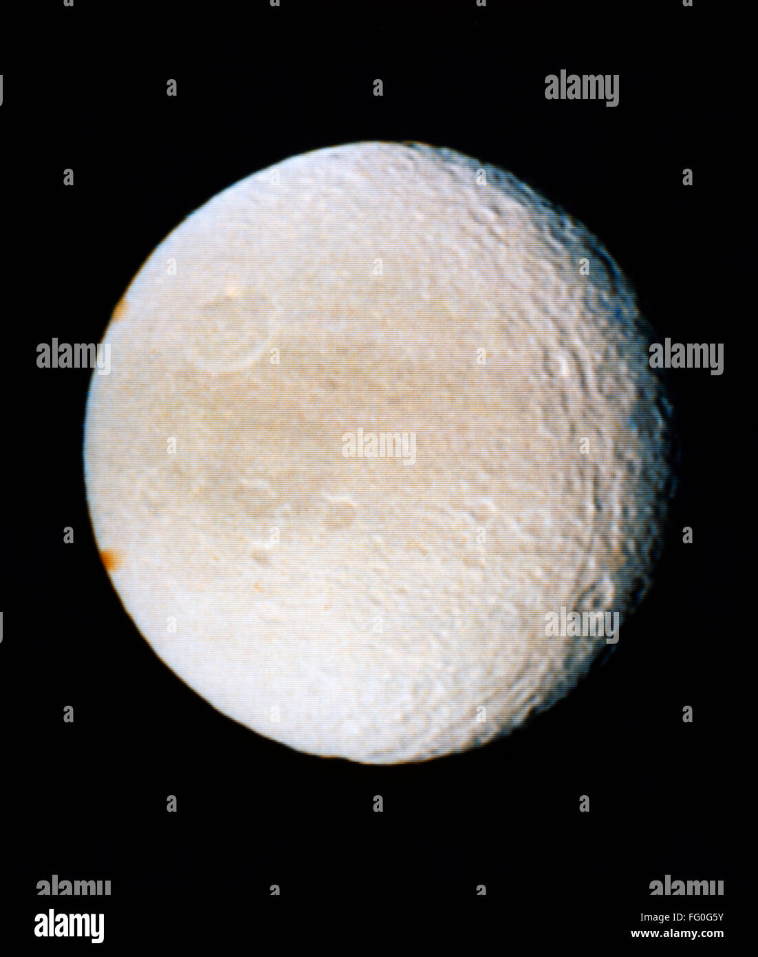 SATURN: MOON, 1981. /nThe cratered surface of Tethys, a moon of Saturn ...