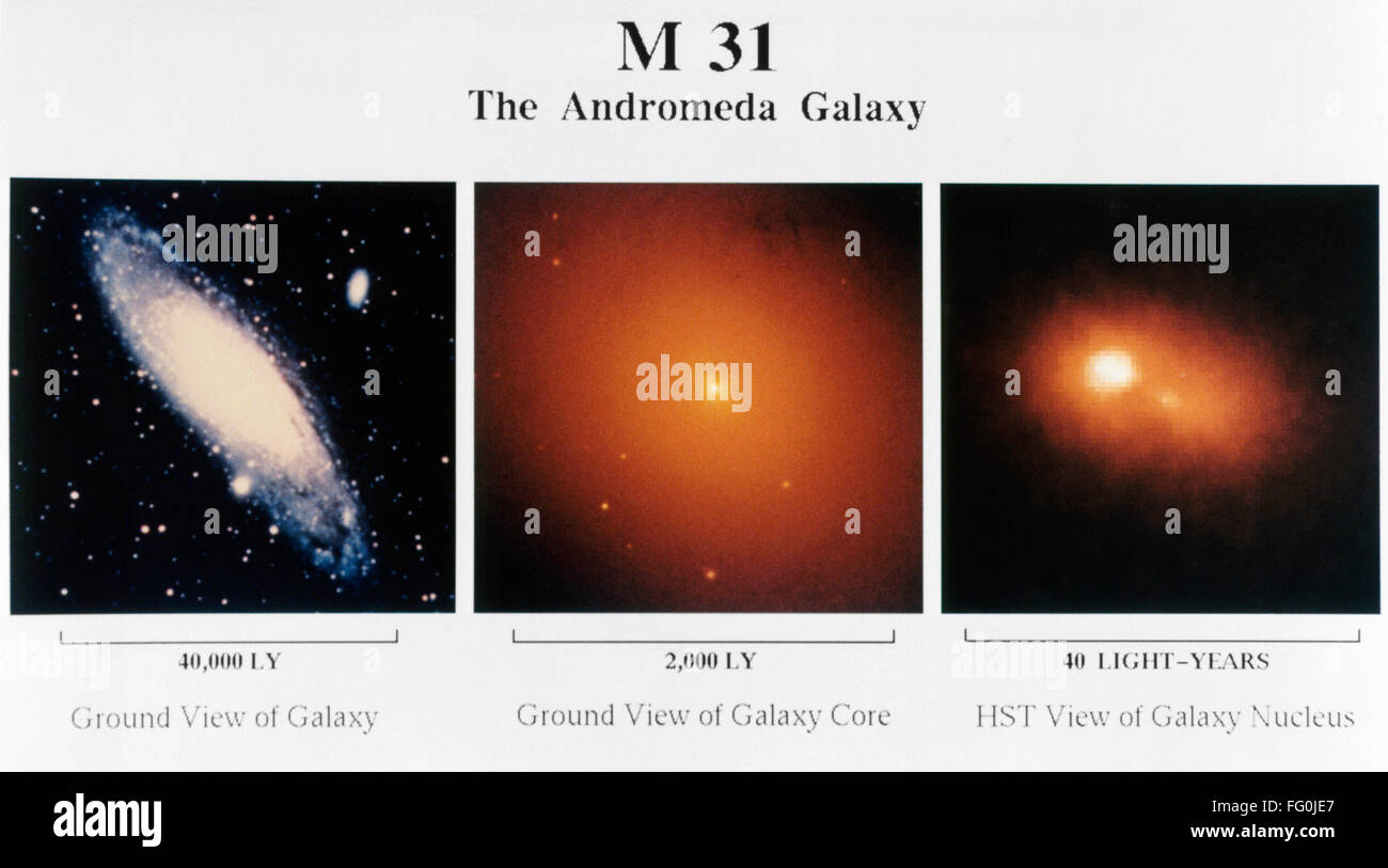SPACE: ANDROMEDA GALAXY. /nThree views of the Andromeda Galaxy (M31). Left: View from Earth ...