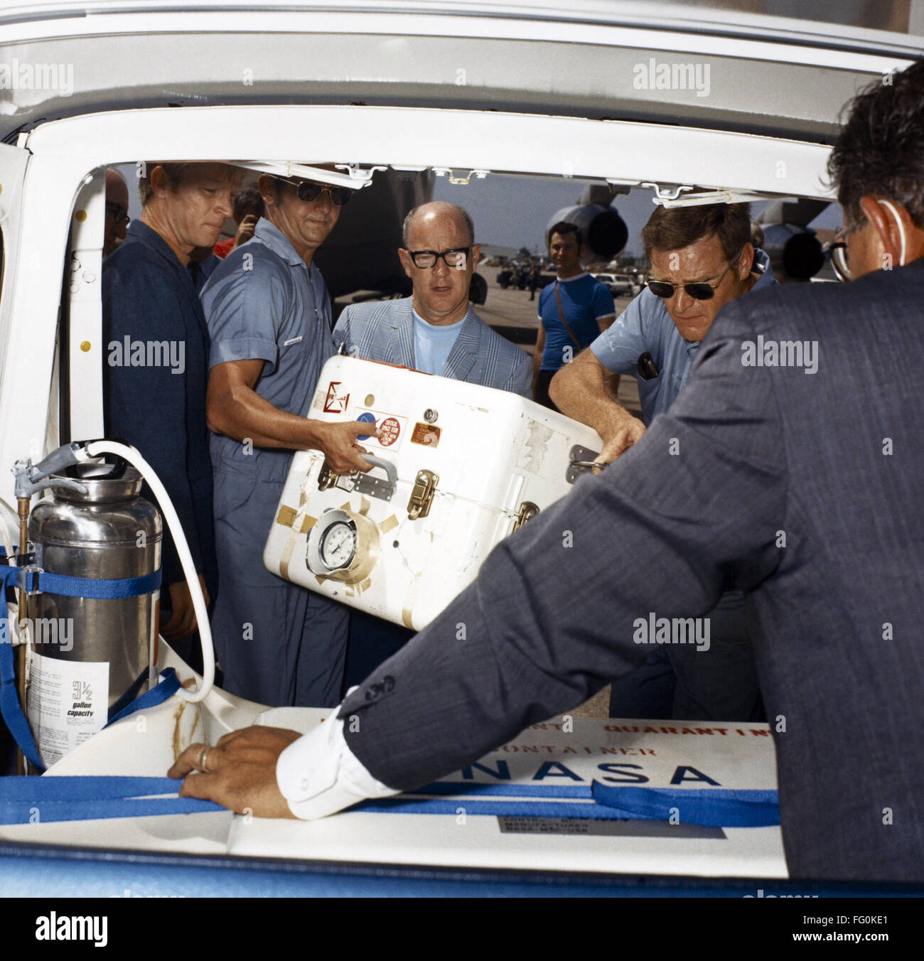 APOLLO 11: ROCK BOX, 1969. /nNASA personnel unloading a box containing ...