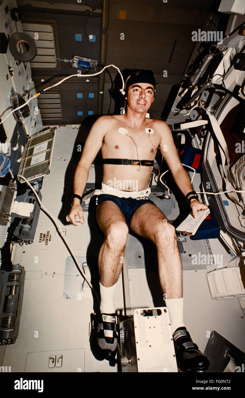ANDREW ALLEN (1955- ). /nAmerican astronaut. Exercising aboard the Space Shuttle Atlantis during ...
