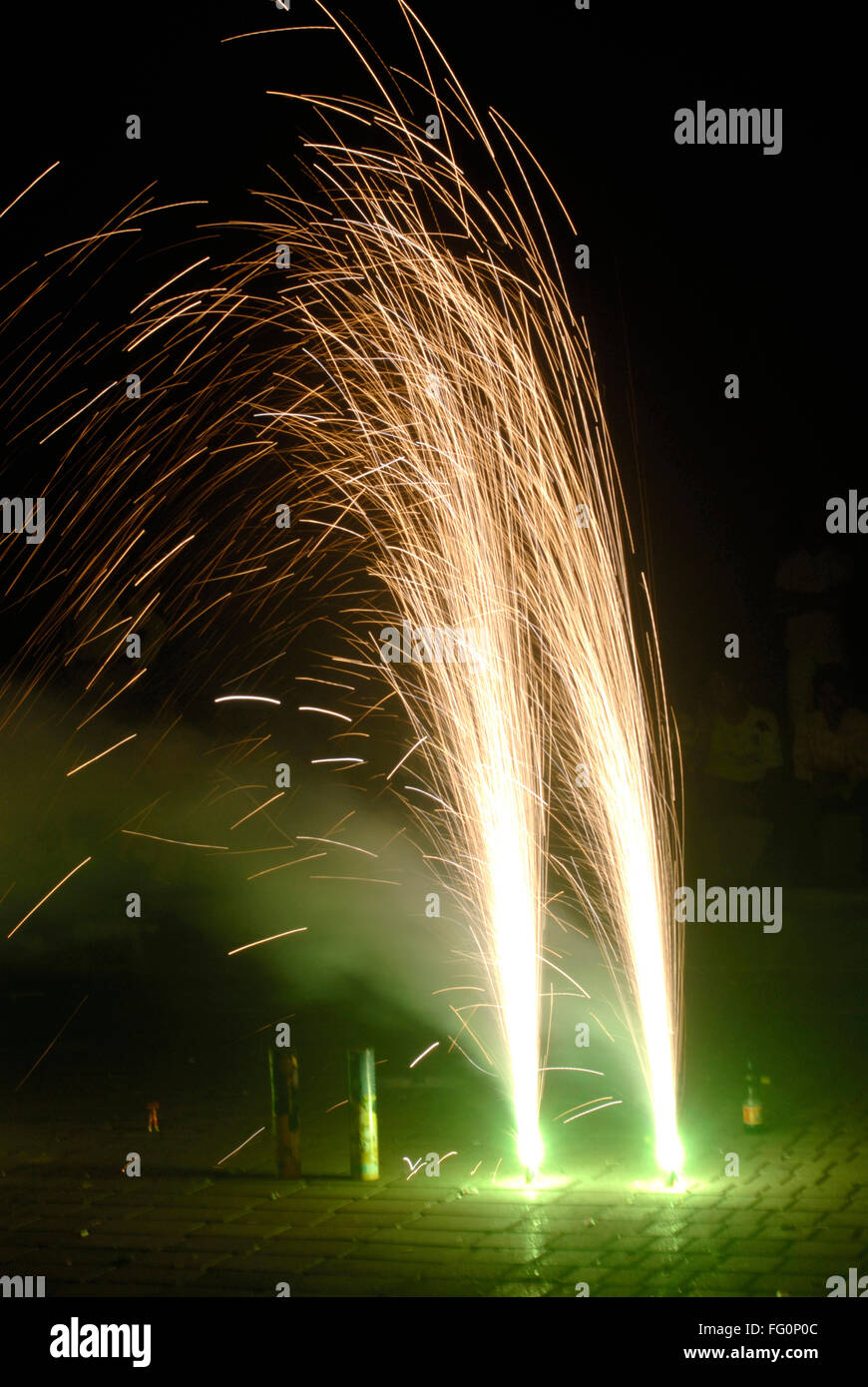 Two Ignited flower pot crackers firework for celebrating Diwali ...