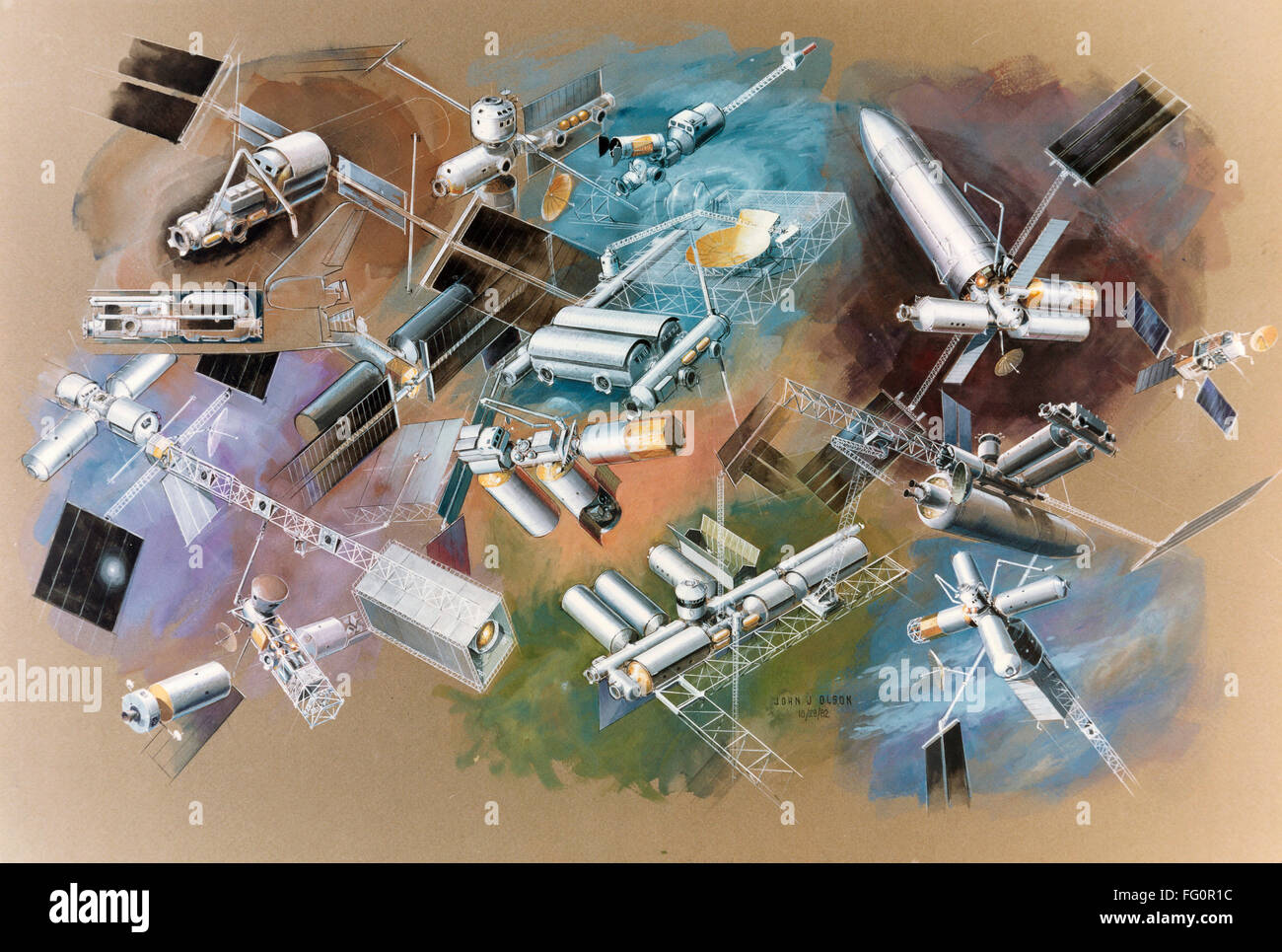 SPACE STATION DESIGNS. /nIllustration showing different designs for a ...