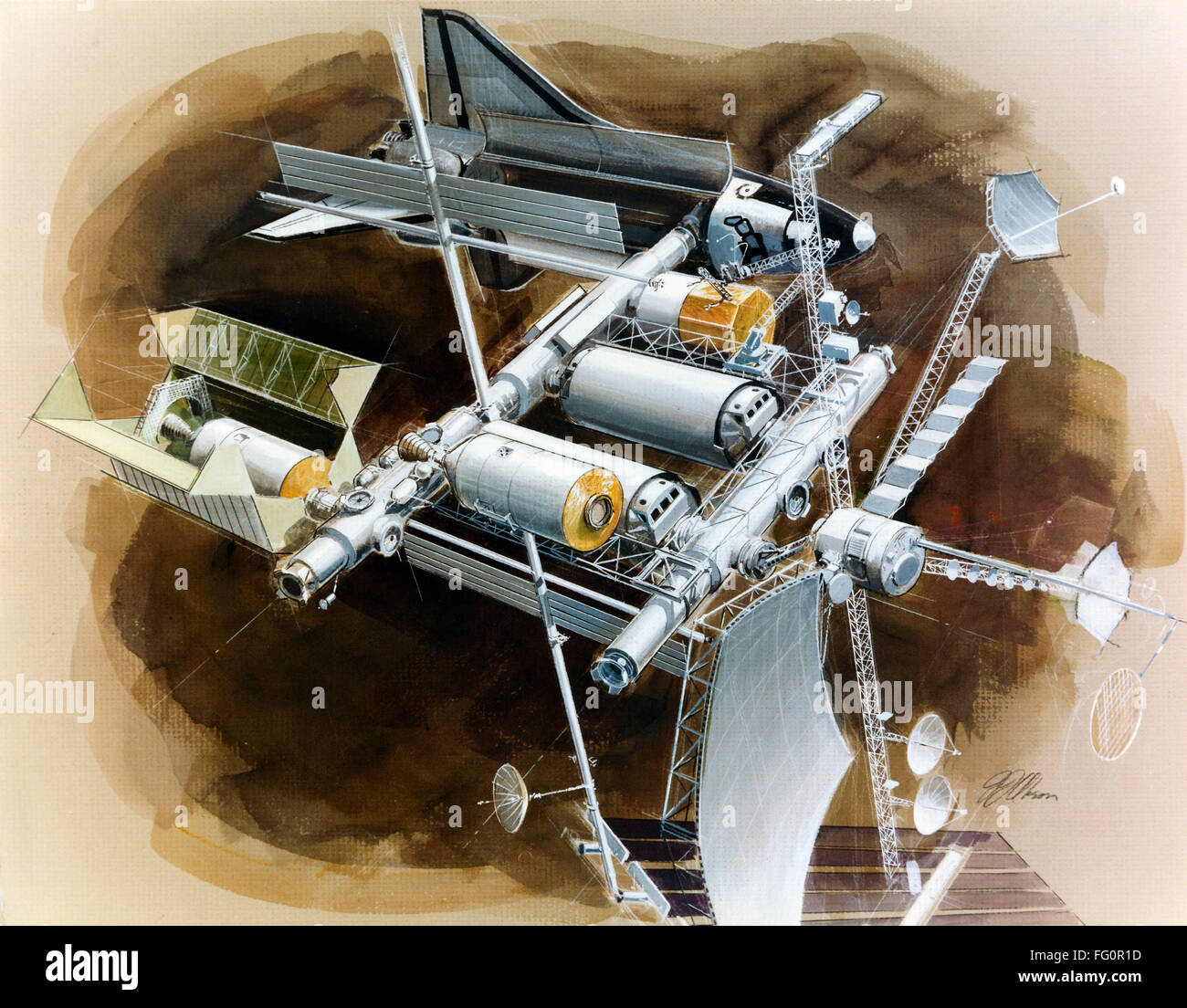 SPACE STATION, c1982. /nThe NASA Space Shuttle unloading some of the ...