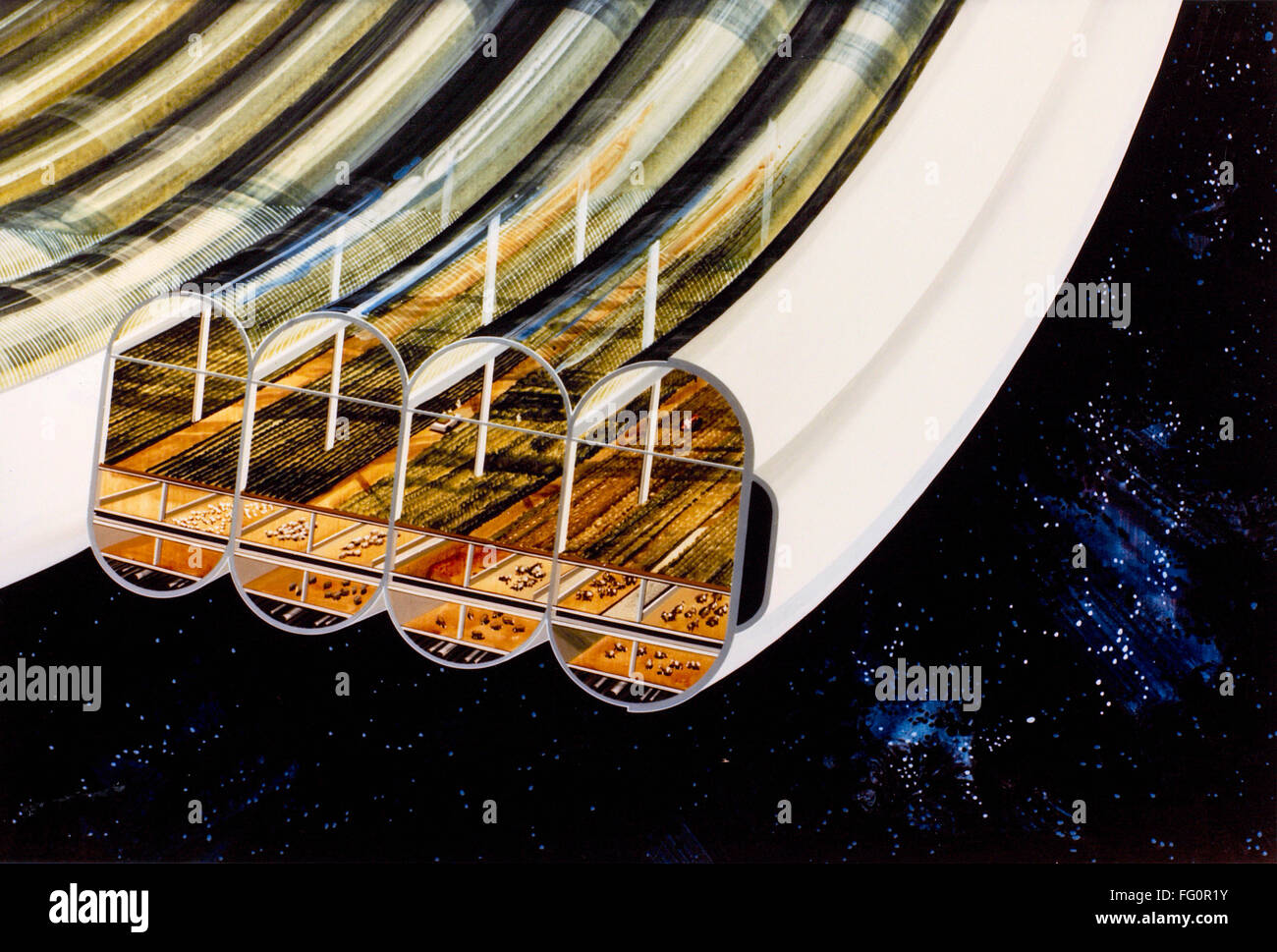 SPACE COLONY, 1978. /nCutaway view of a three-tiered agricultural ...
