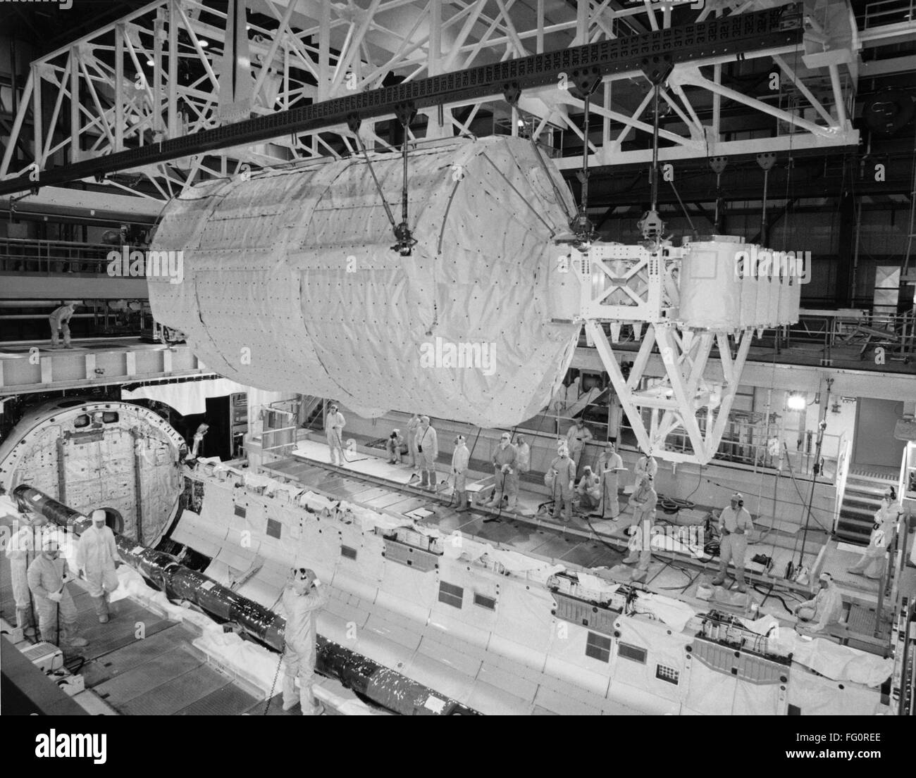 SPACE: SPACELAB-J, 1992. /nThe Spacelab-J module being lowered into the ...
