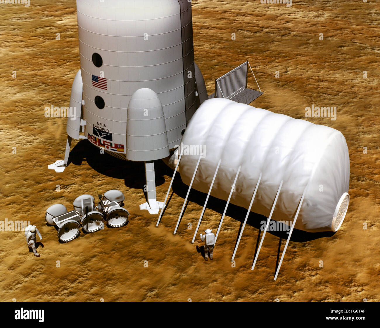 MARS: EXPLORATION. /nConceptual artwork of astronauts and a habitat ...