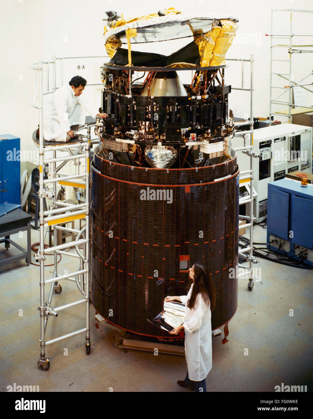 SATELLITE, c1985. /nTechnicians work on an HS 376 telecommunications ...