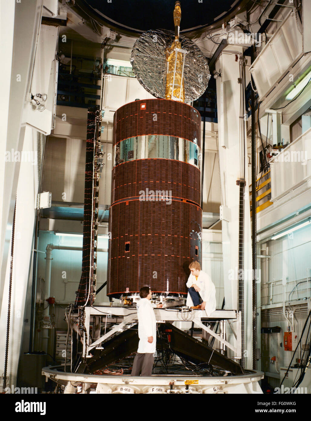 SATELLITE, c1985. /nTechnicians work on an HS 376 telecommunications ...