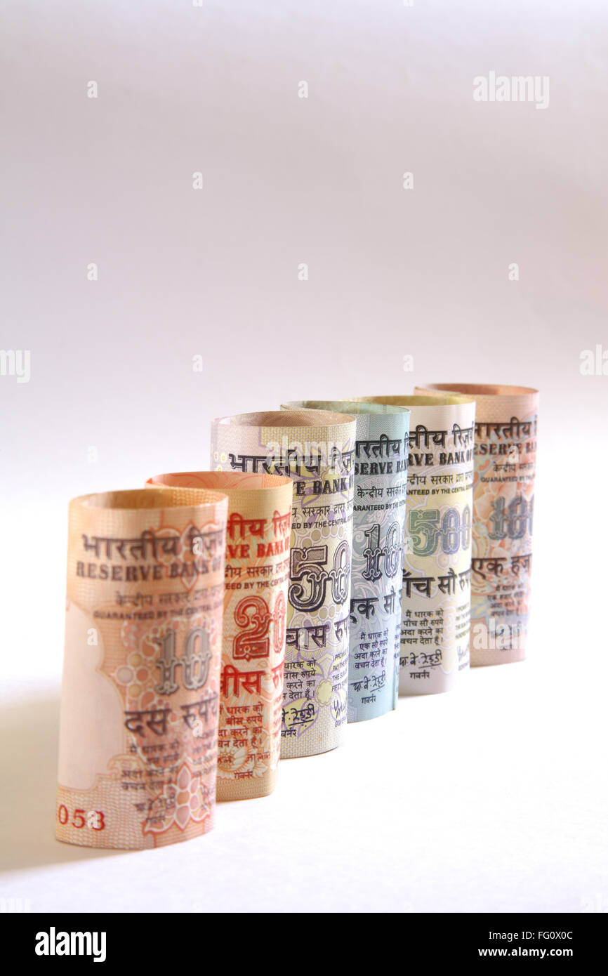 Concept , growth Indian currency ten twenty fifty rupees with one five ...