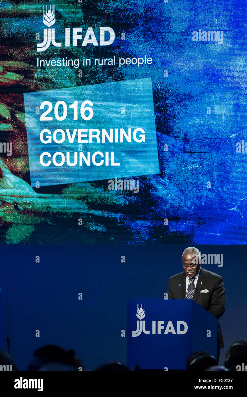 Rome, Italy. 17th Feb, 2016. IFAD's President Kanayo F. Nwanze delivers ...