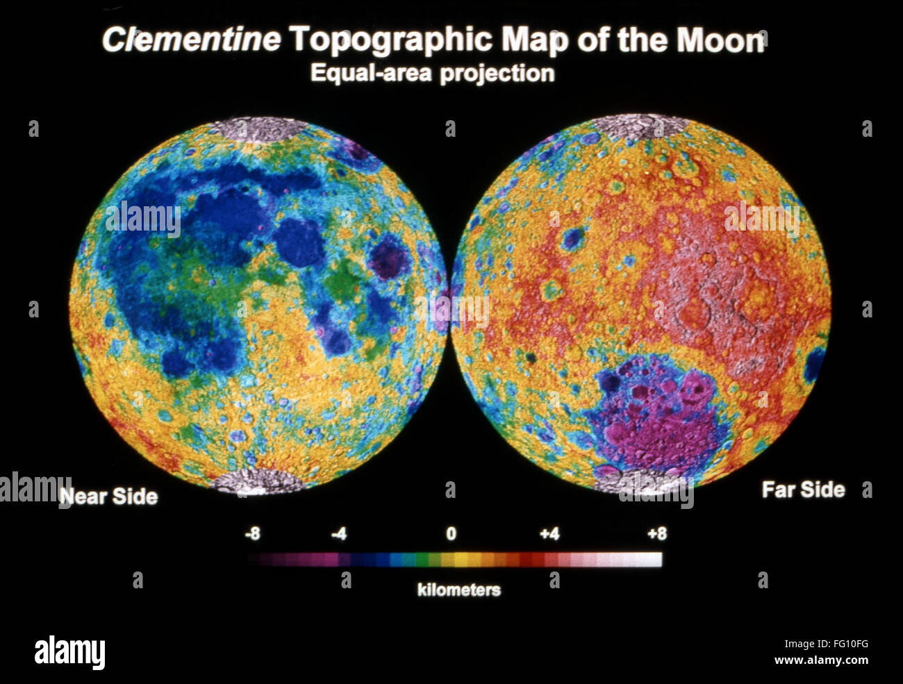 MOON: TOPOGRAPHY, 1994. /nFalse-color image showing the different ...