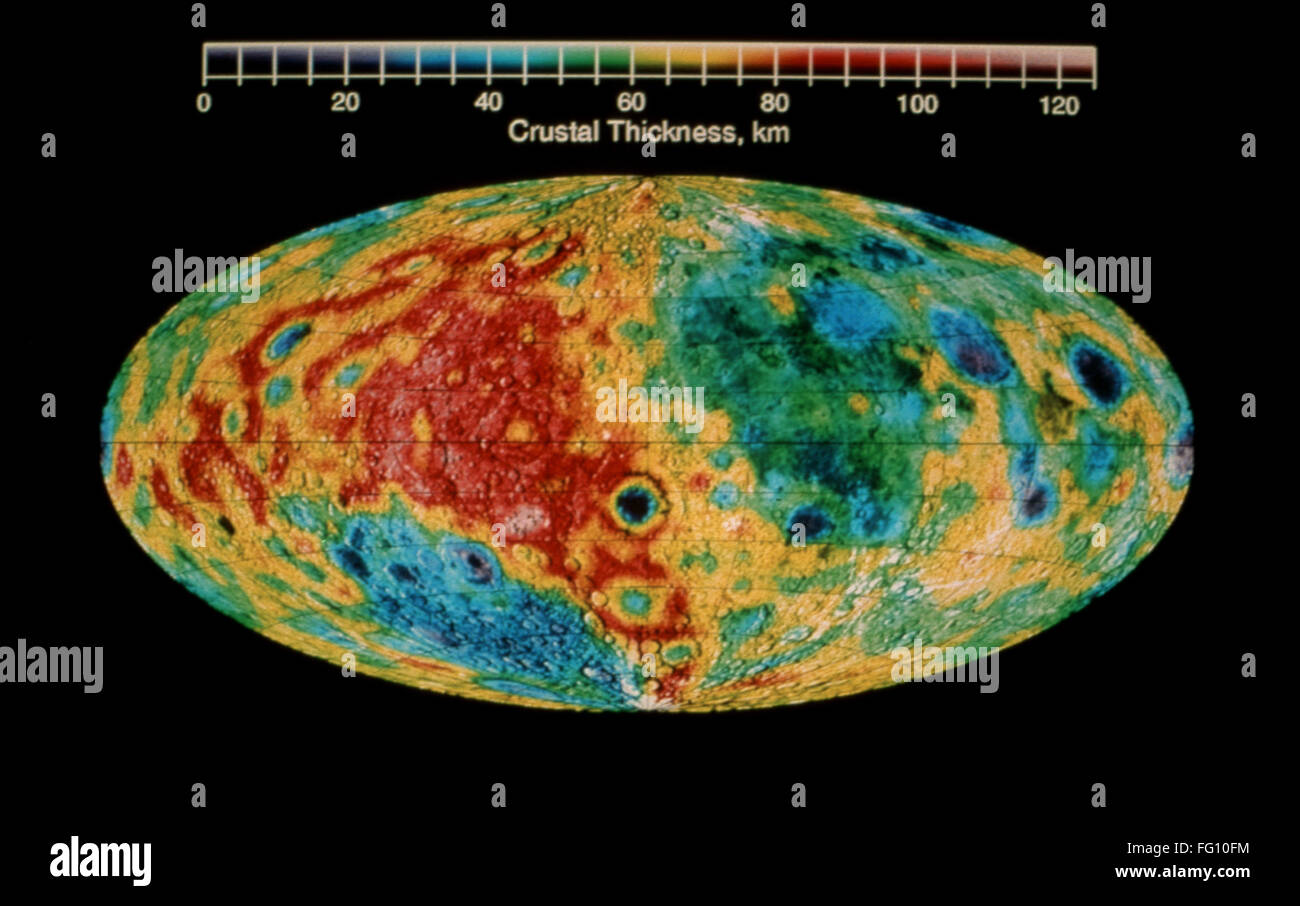 MOON: CRUSTAL THICKNESS. /nMap showing the varying thickness of the crust of the moon, made from ...