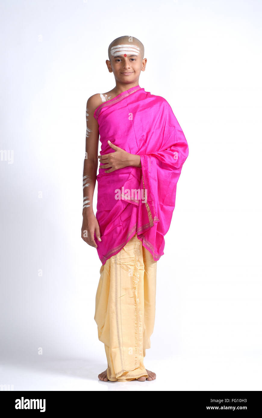 Indian hindu bald boy in dhoti wearing pink cloth red tilak white ash ...
