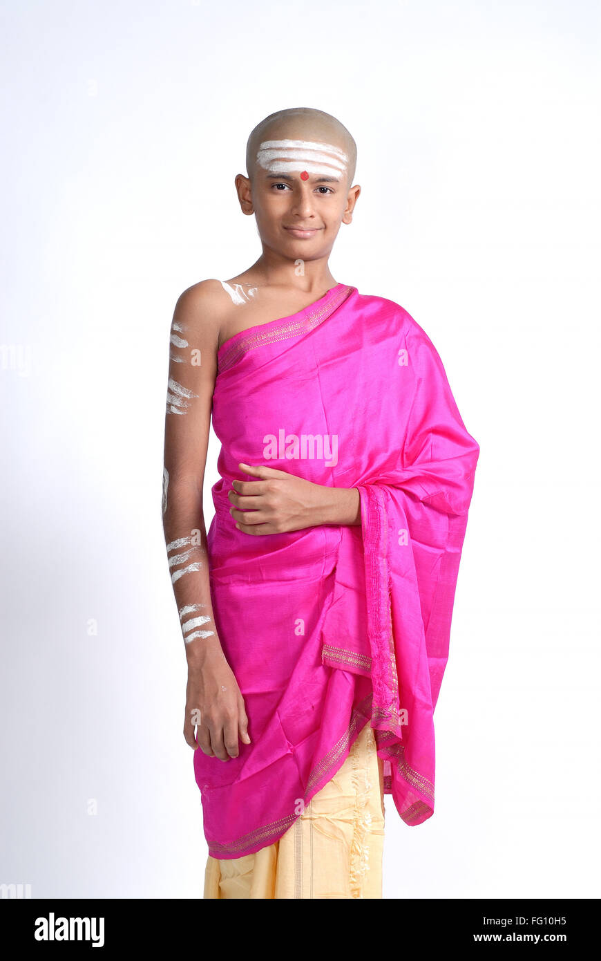 Indian hindu bald boy in dhoti wearing pink cloth red tilak white ash ...