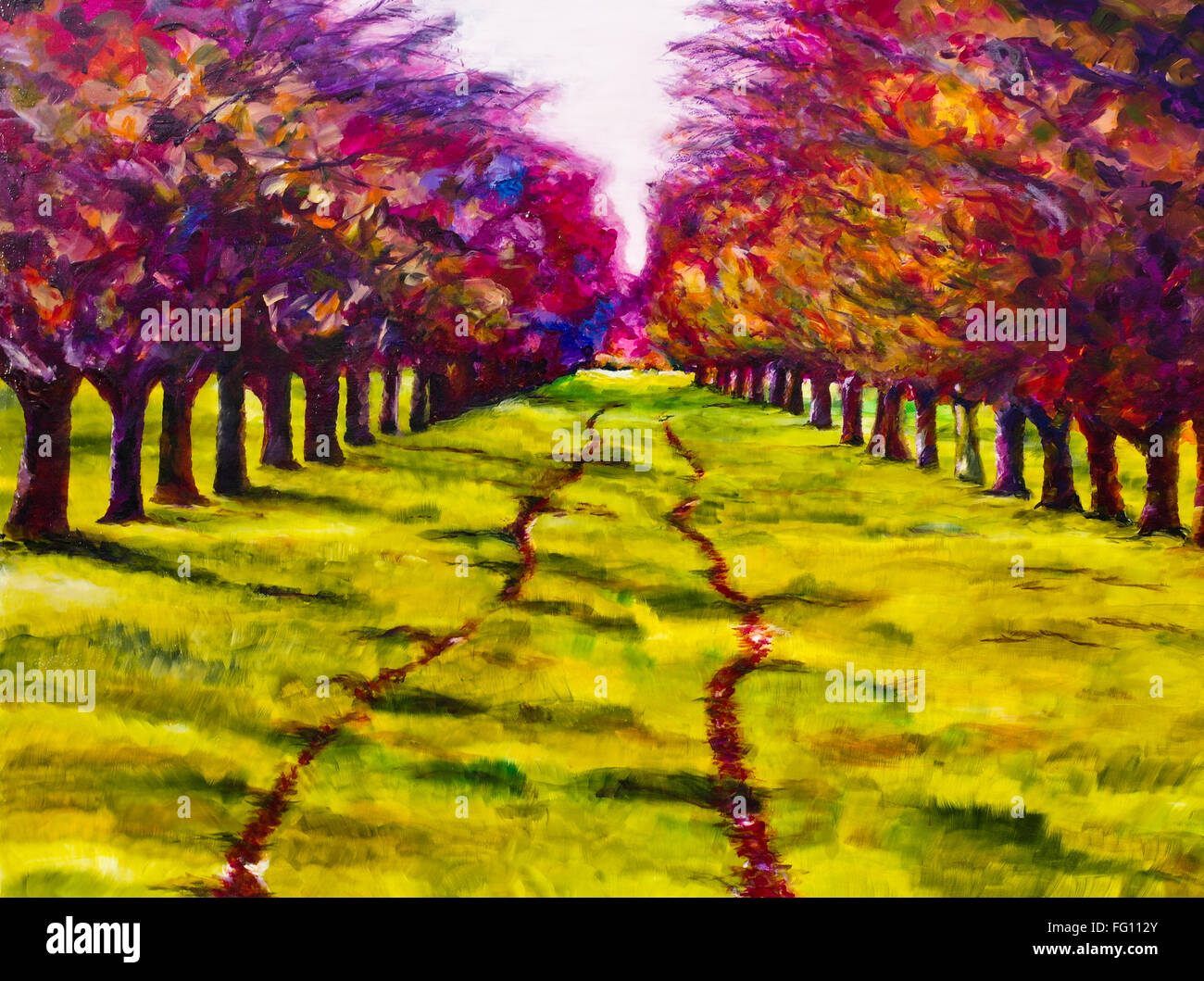 Contemporary painting of a path through a line of trees, an orchard in ...