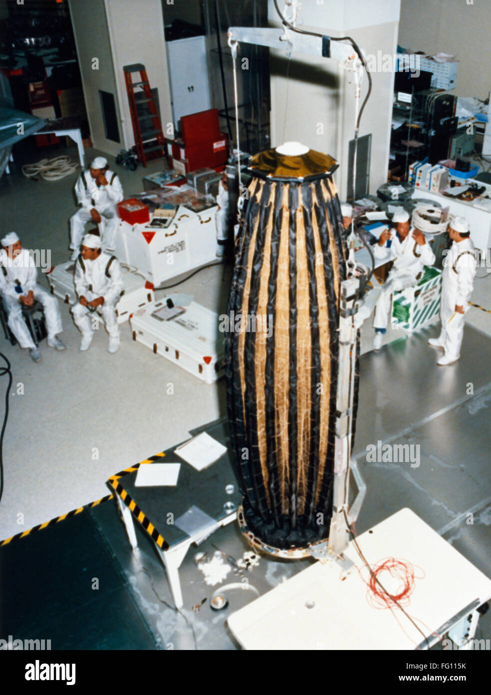 SPACE: GALILEO, 1989. /nTechnicians discuss procedures for lifting the ...
