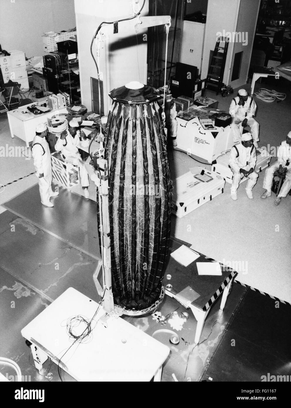 SPACE: GALILEO, 1989. /nTechnicians preparing to install the S-band / X ...