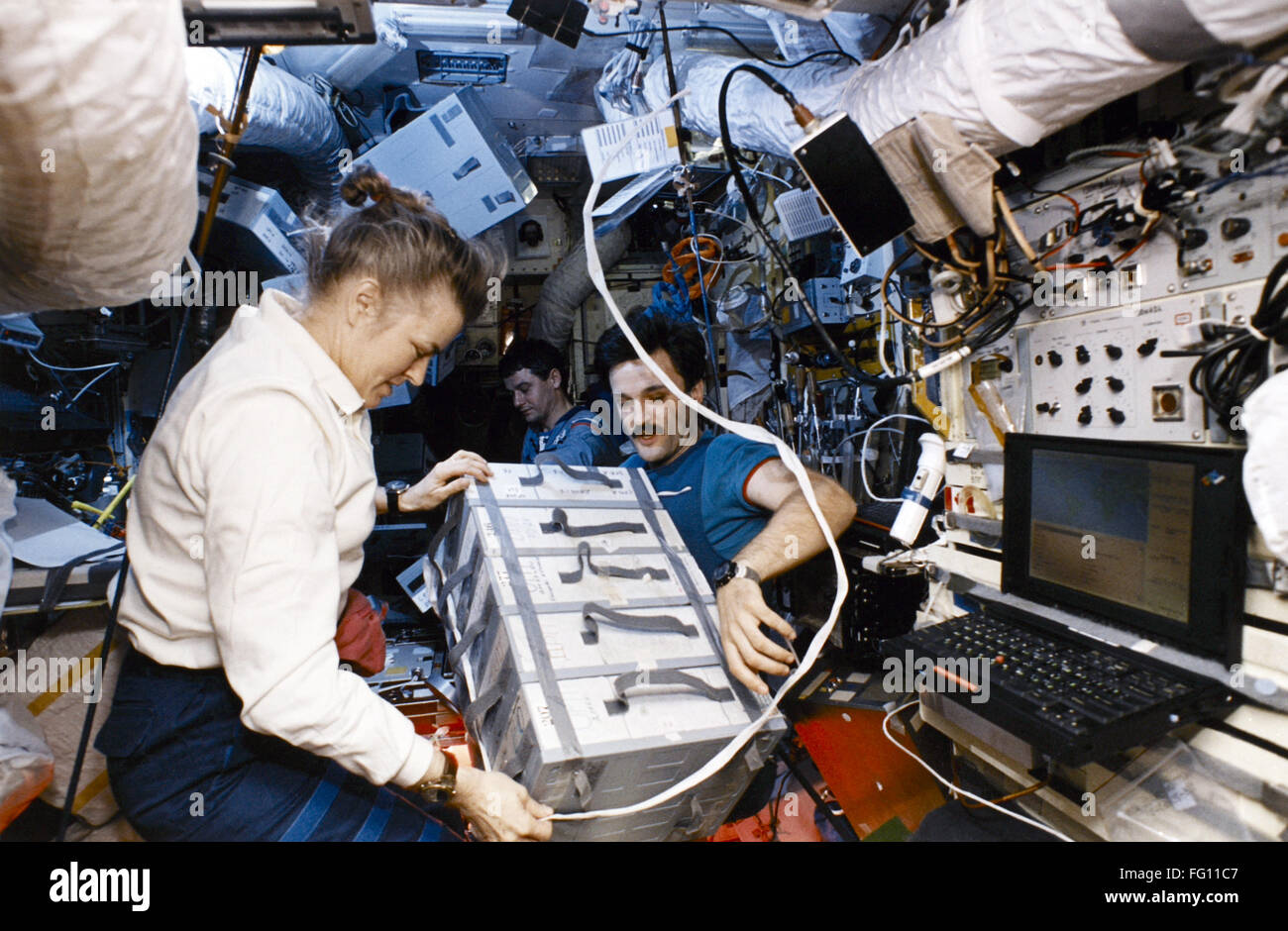 SPACE STATION: MIR, 1996. /nAmerican astronaut Shannon Lucid (left) and ...