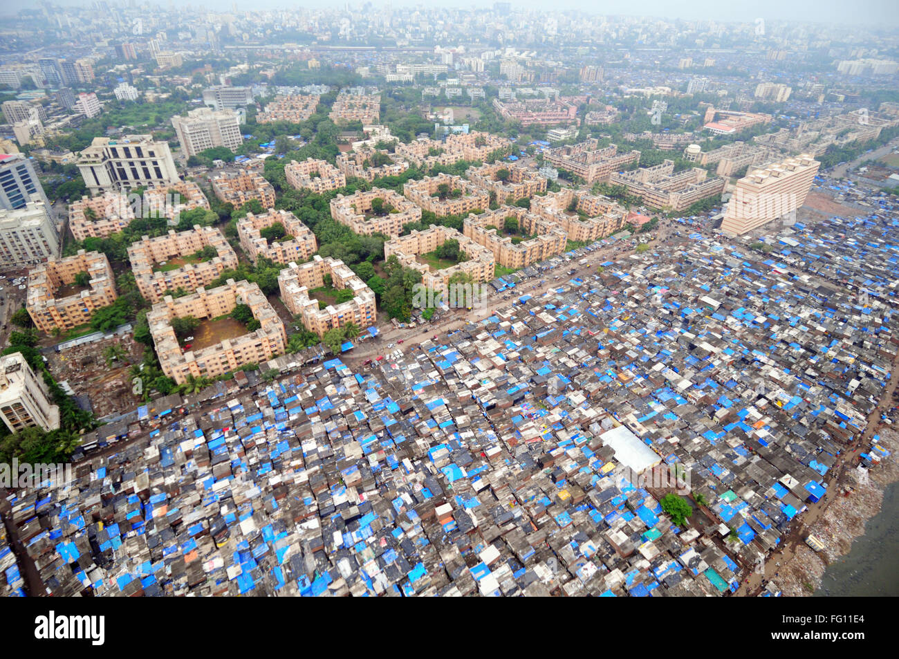 Aerial view of Government Colony and slums ; rich poor ; old new ; then ...