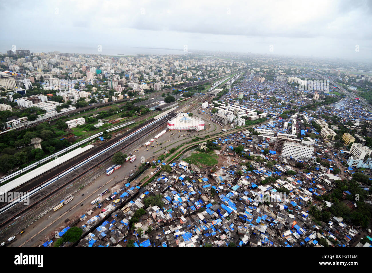 aerial view of bandra terminus behrampada slum and bandra khar skyline ...