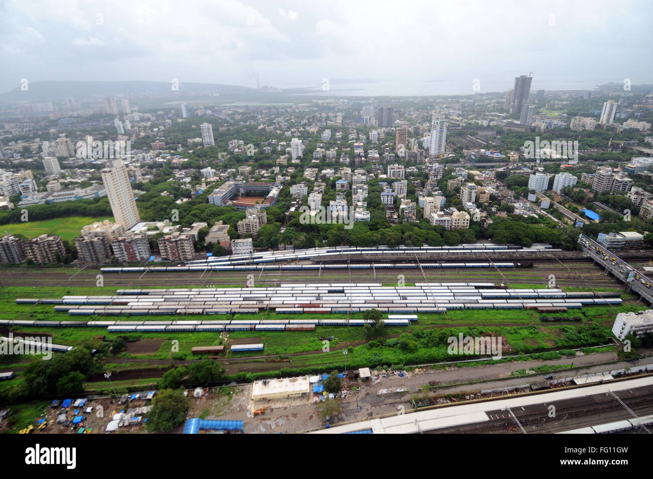 aerial view of dadar station with trains ; Bombay Mumbai ; Maharashtra ...