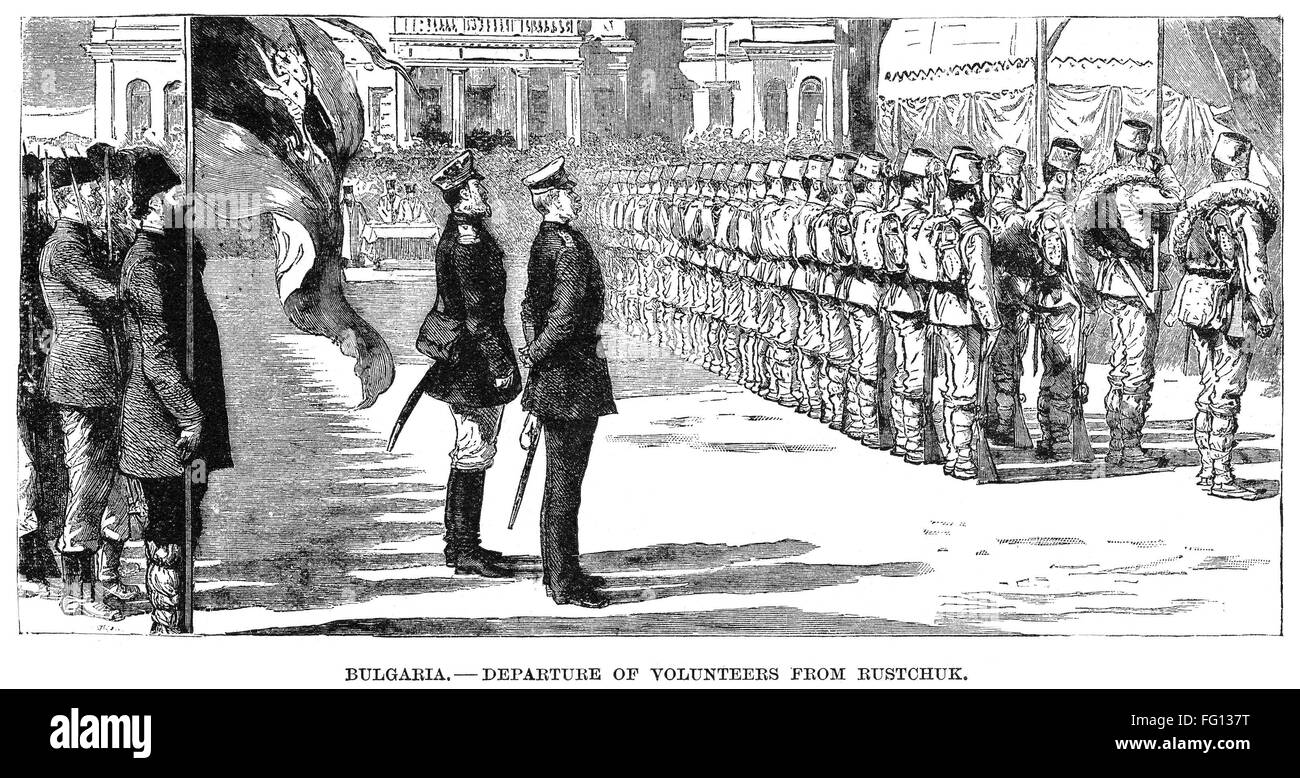 SERBO-BULGARIAN WAR, 1885. /nVolunteer soldiers departing from Rustchuk ...