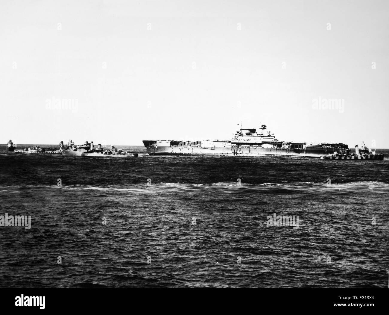 WWII: USS YORKTOWN, 1942. /nDestroyers surrounding the USS Yorktown as ...