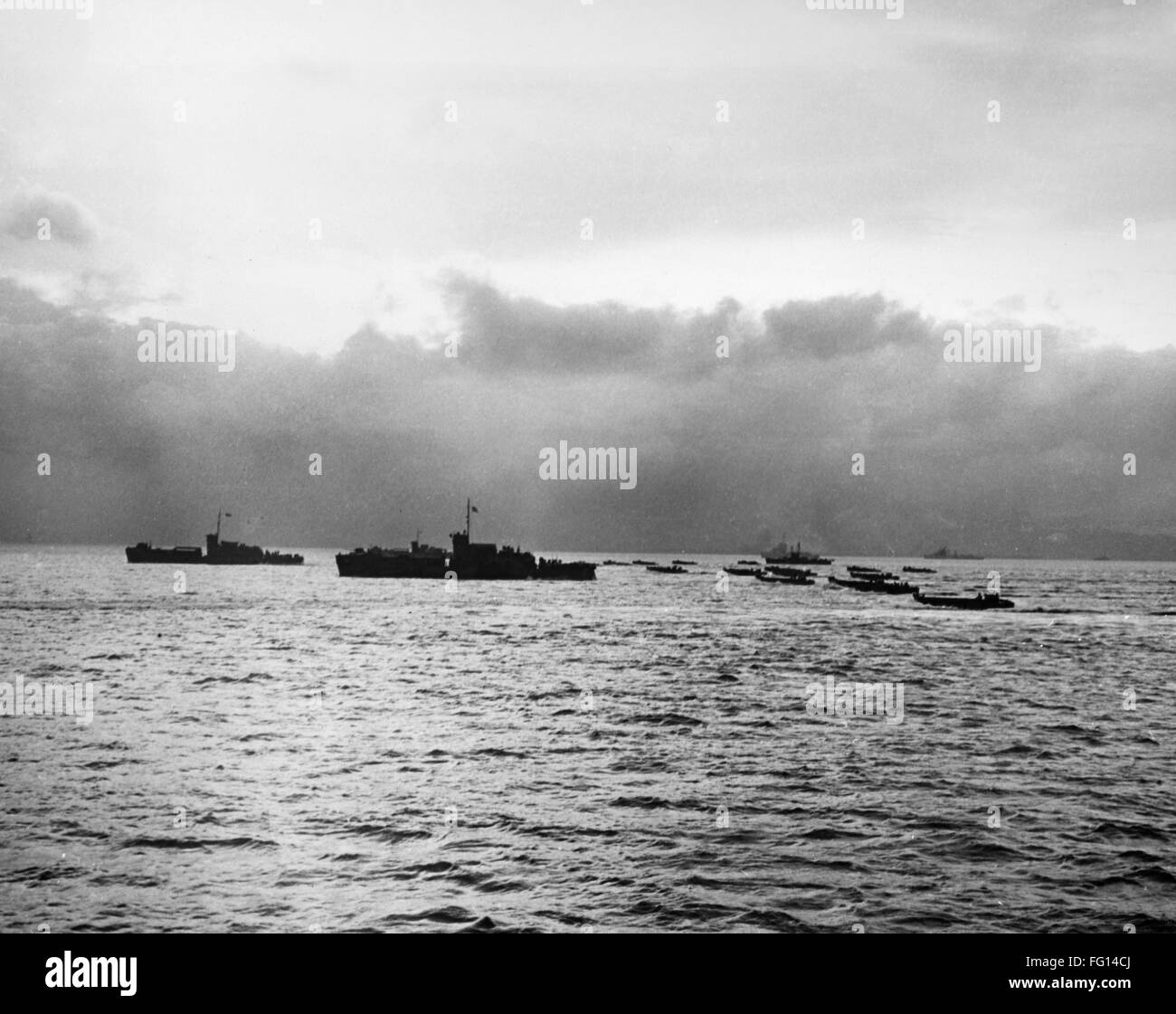 WWII: ORMOC BAY, 1944. /nAmerican ships and landing vehicles en route ...