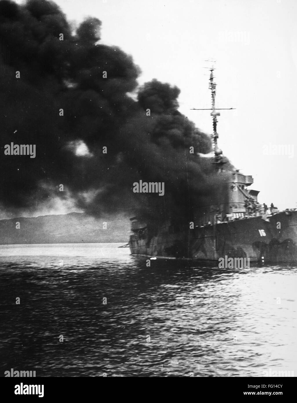 WWII: ORMOC BAY, 1944. /nThe American destroyer USS Ward on fire after ...