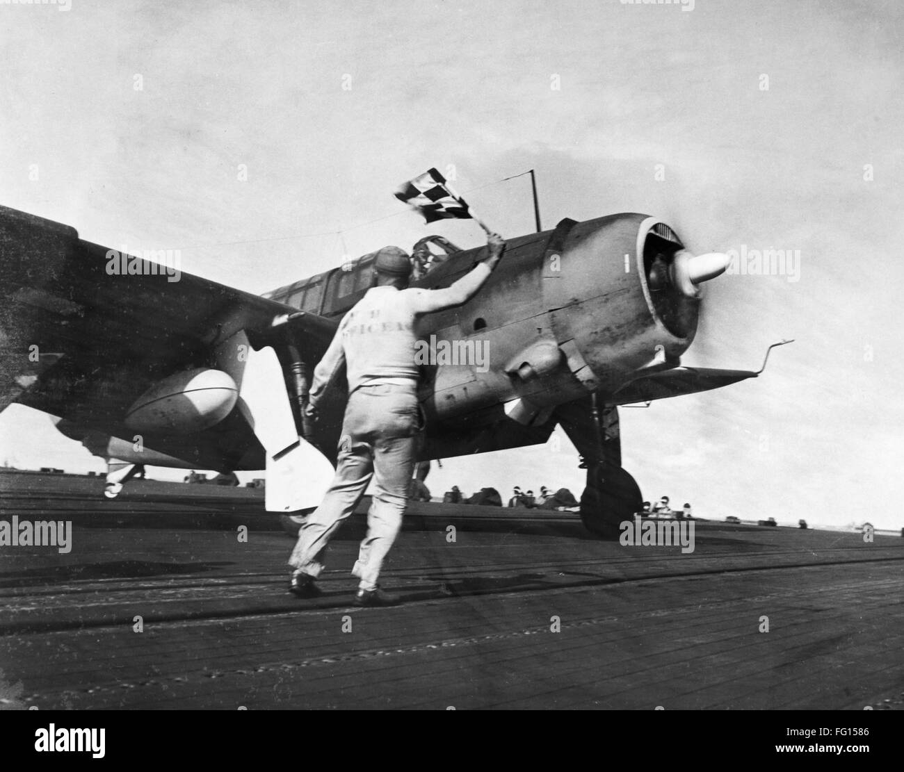 WWII: HELLDIVER, 1944. /nU.S. Navy Helldiver taking off from the deck ...
