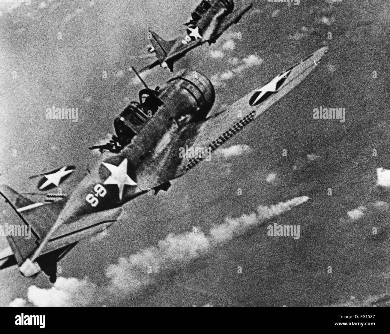 WWII: DIVE BOMBERS, 1942. /nAmerican SBD Dauntless dive bombers ...