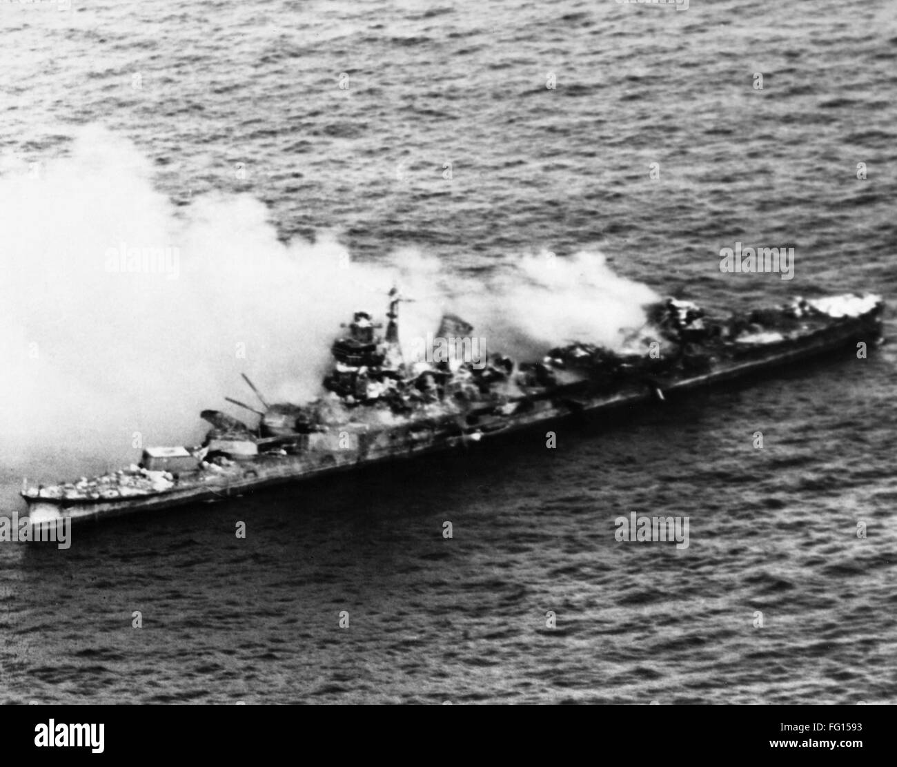 WWII: BATTLE OF MIDWAY, 1942. /nThe Japanese cruiser Mikuma burning ...