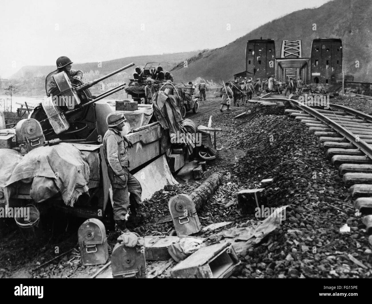 WWII: REMAGEN BRIDGE, 1945. /nAmerican troops and anti-aircraft units ...