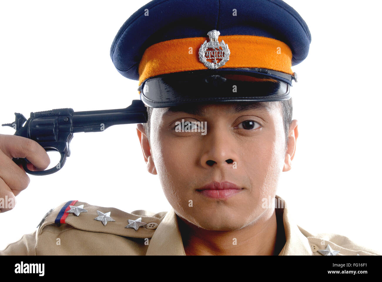 Police inspector aim revolver to his head MR#782W Stock Photo - Alamy