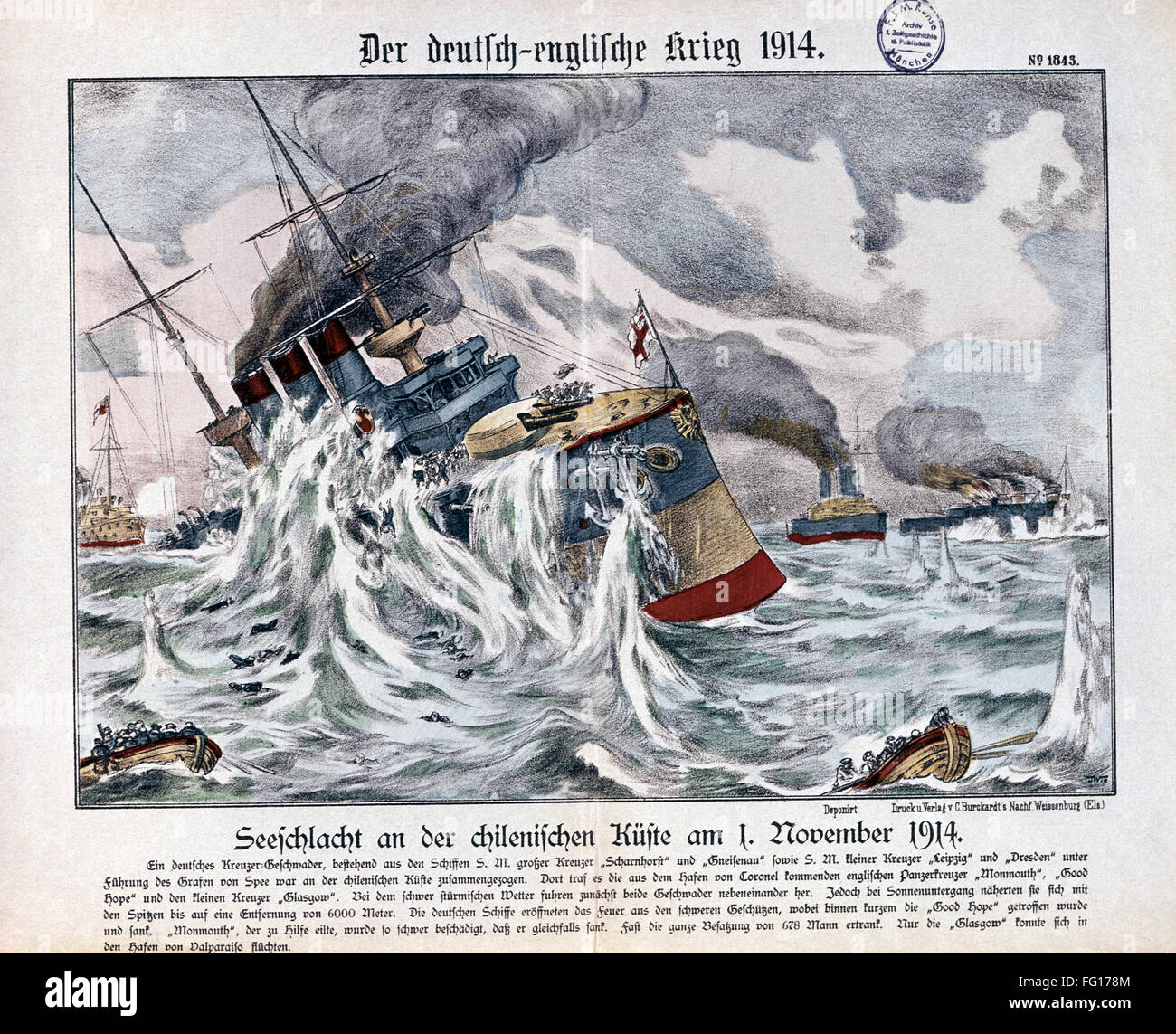 BATTLE OF CORONEL, 1914. /nA British ship sinking during the Battle of ...