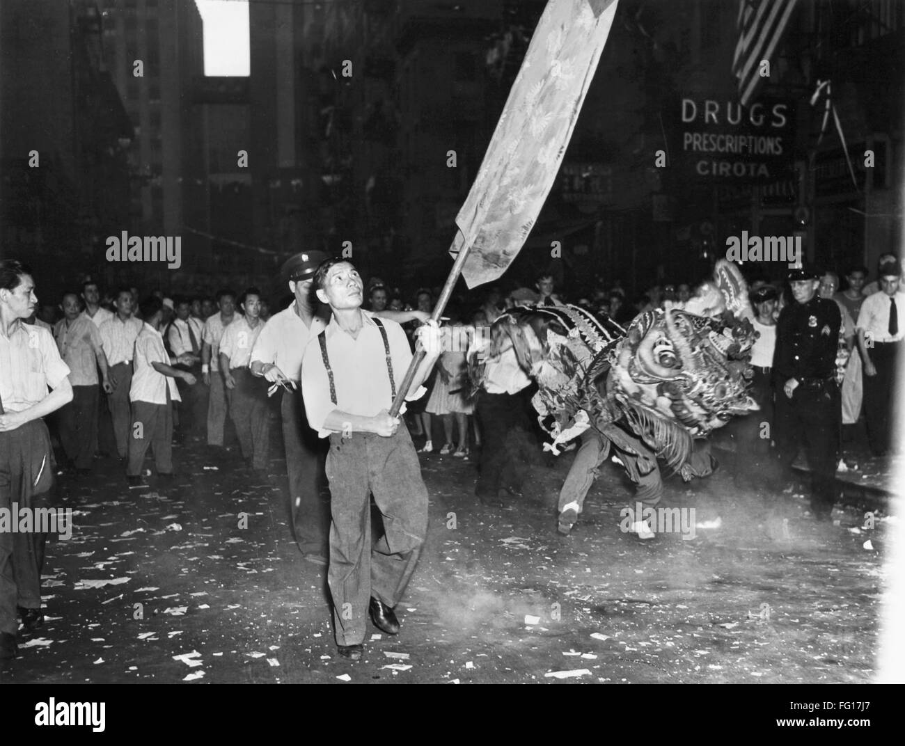 WWII: V-J DAY, 1945. /nA dragon parade in Chinatown in New York City ...