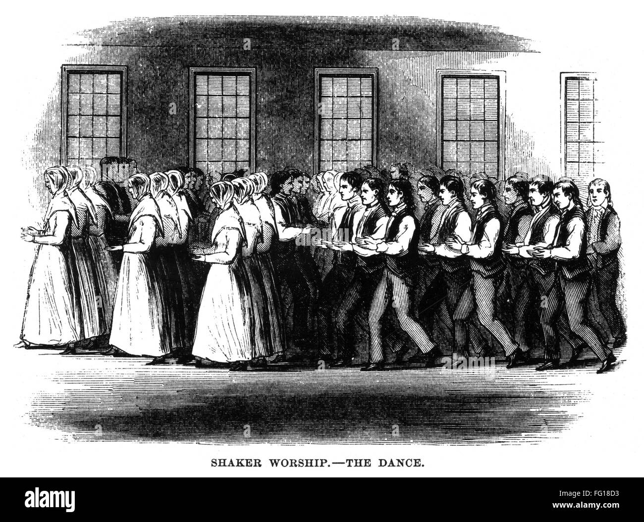 SHAKER WORSHIP. /nShakers dancing in worship. Engraving published in ...