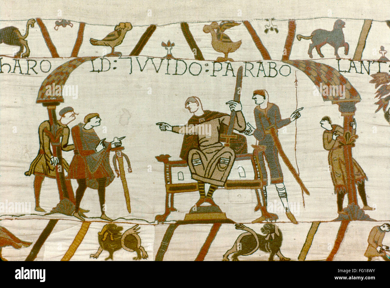 BAYEUX TAPESTRY. /nGuy, Count of Ponthieu (on throne), discusses ransom ...