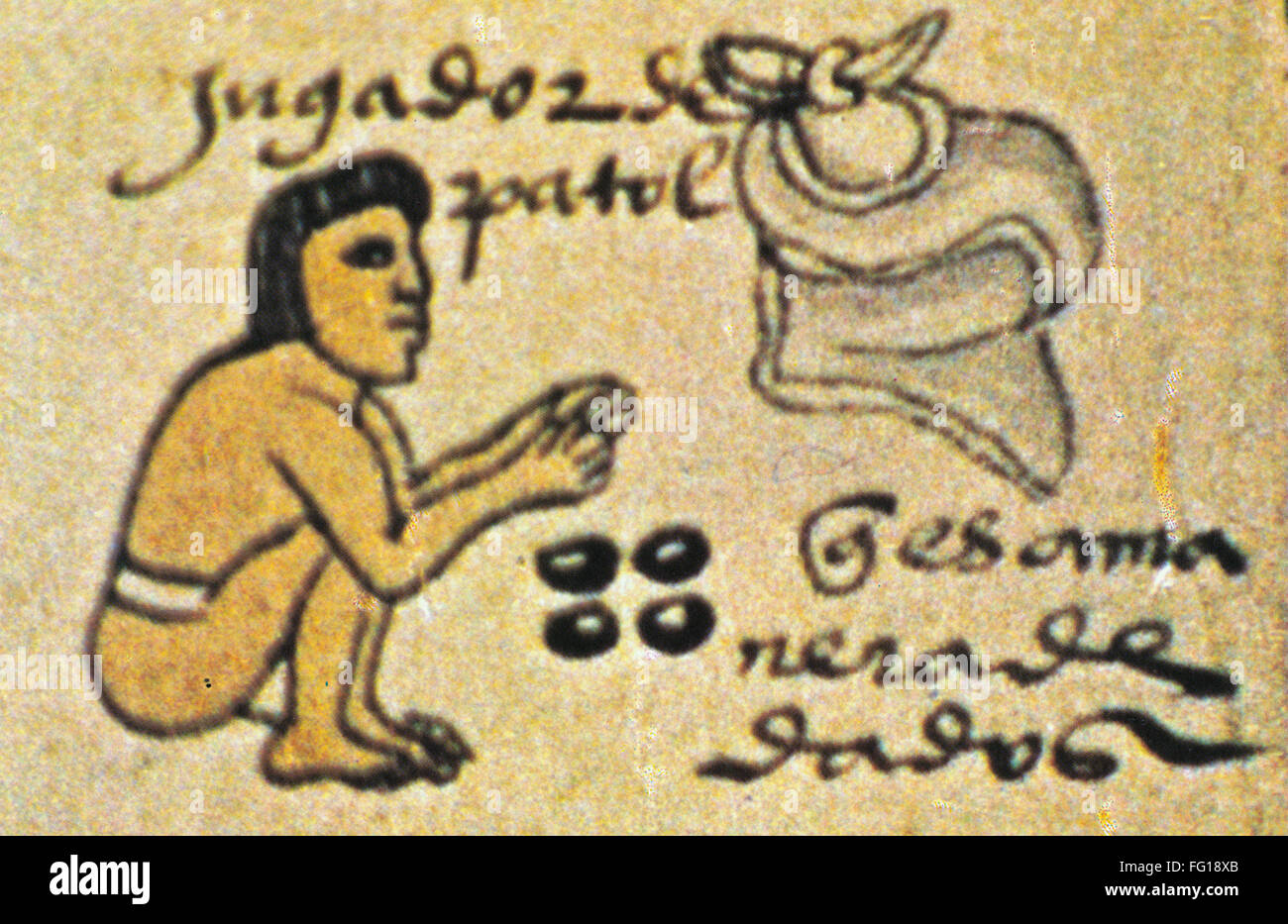 MEXICO: CODEX MENDOZA. /nA young Aztec man playing patolli, a dice game ...