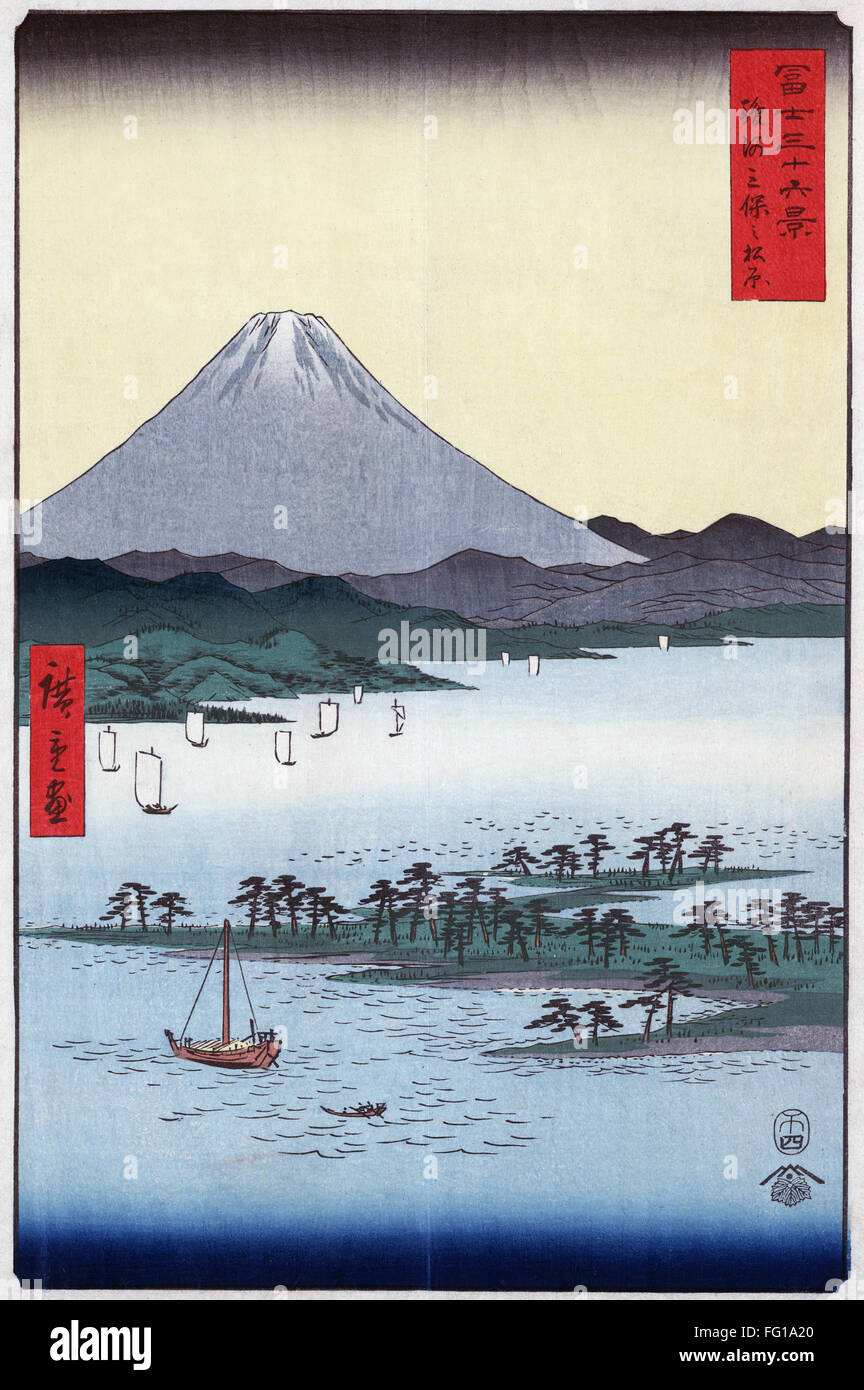 HIROSHIGE: SURUGA, c1850. /nPine groves and Mount Fuji on Miho Bay in ...