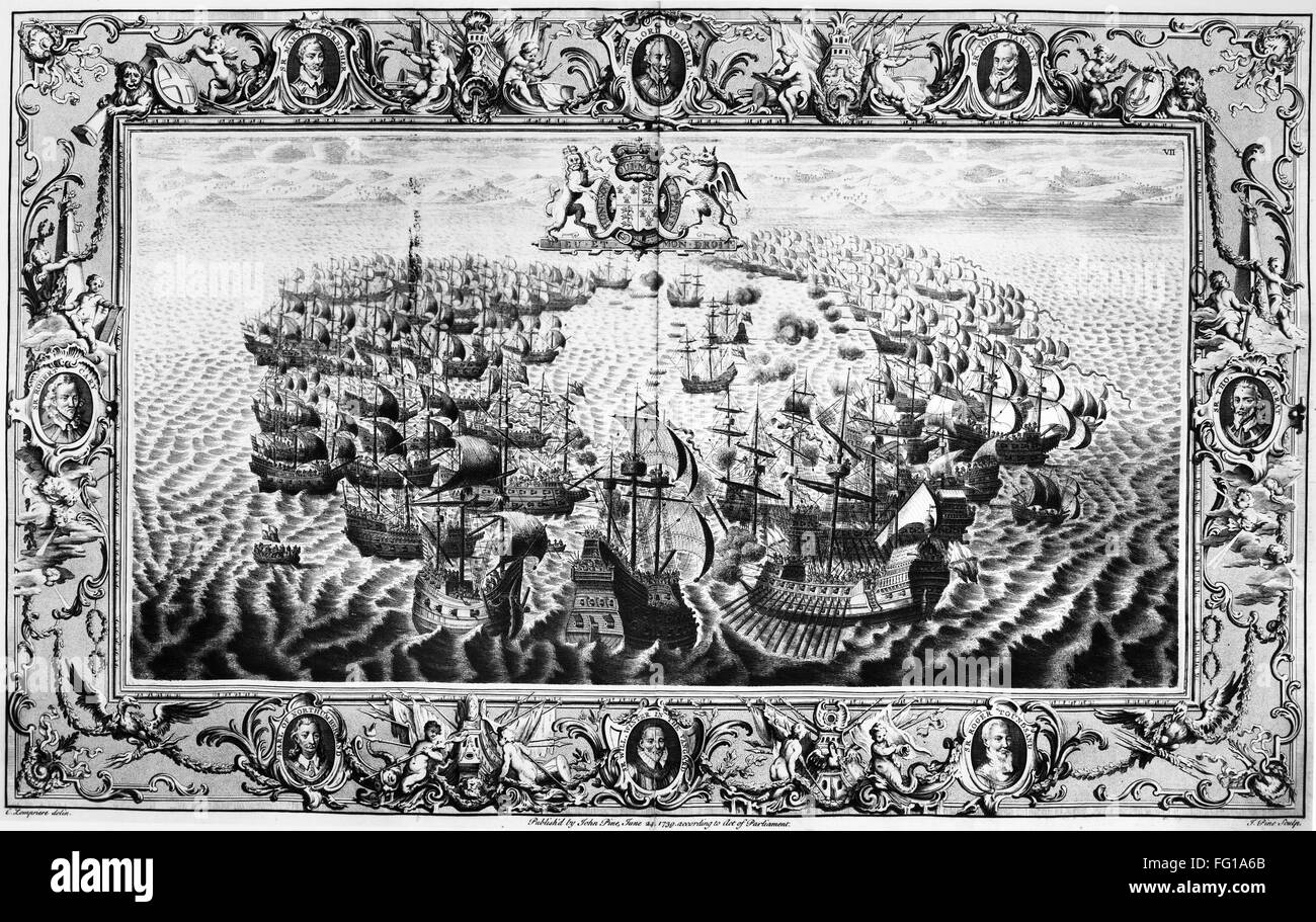SPANISH ARMADA, 1588. /nBritish and Spanish naval fleets. Engraving by ...