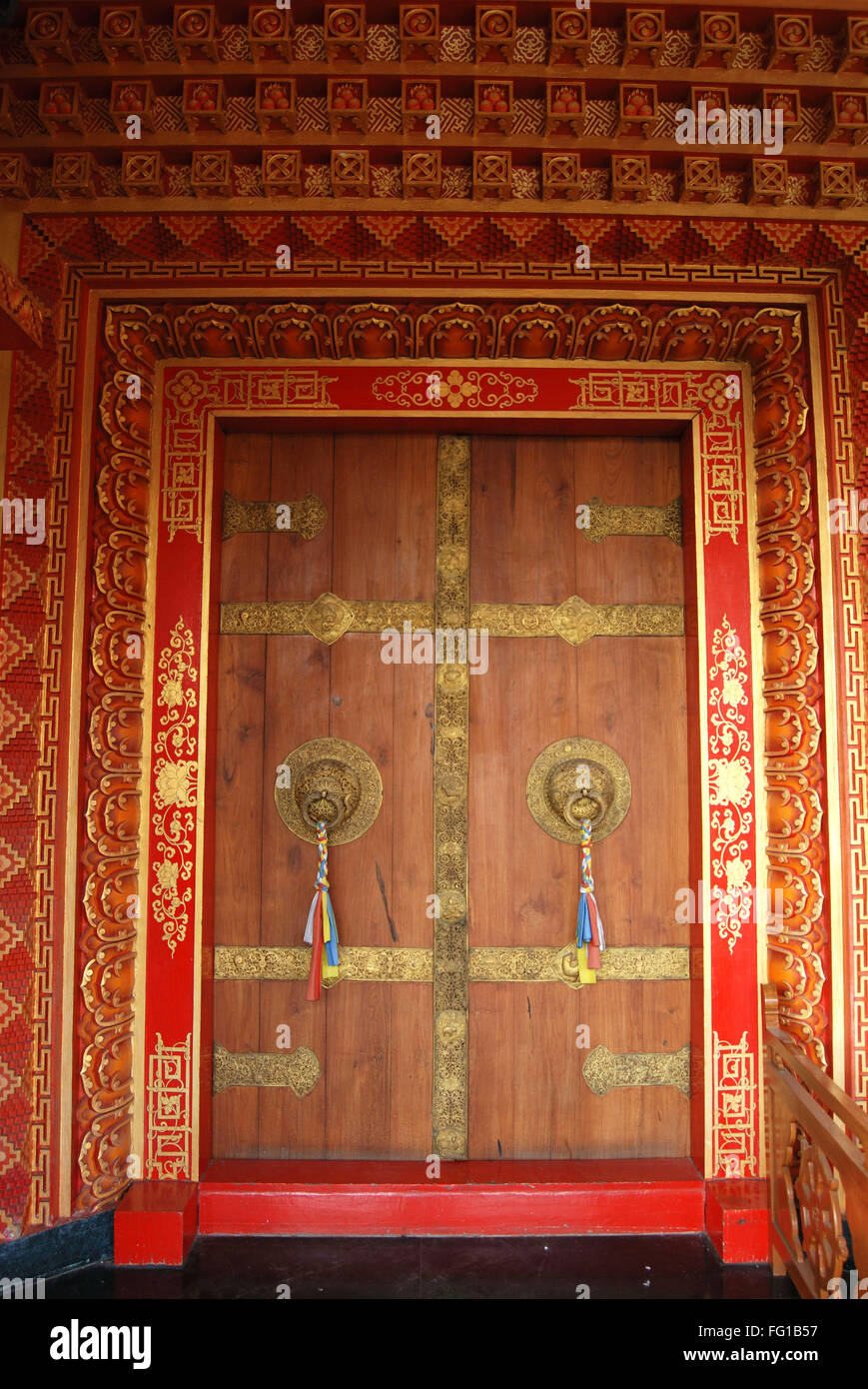 Decorated wooden gate of vajra vidya vihar temple , Sarnath , Varanasi ...