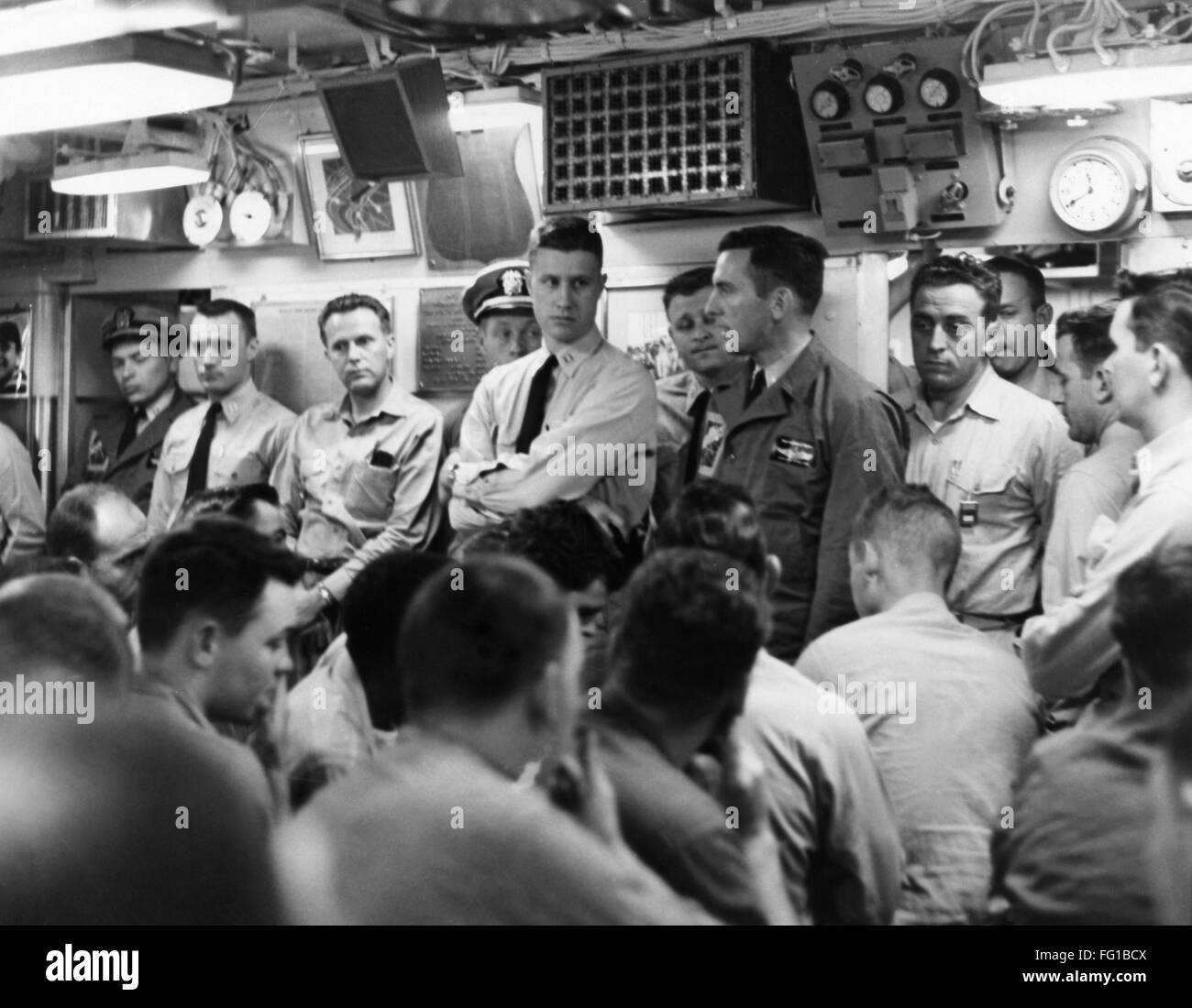 NAVY: USS NAUTILUS, 1958. /nExecutive officer F.M. Adams addressing ...